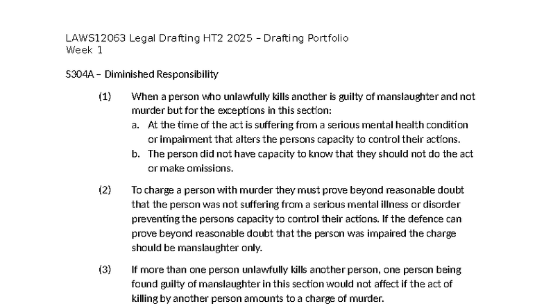 LAWS12063 Legal Drafting HT2 2025 Week 1 Diminished Responsibility ...
