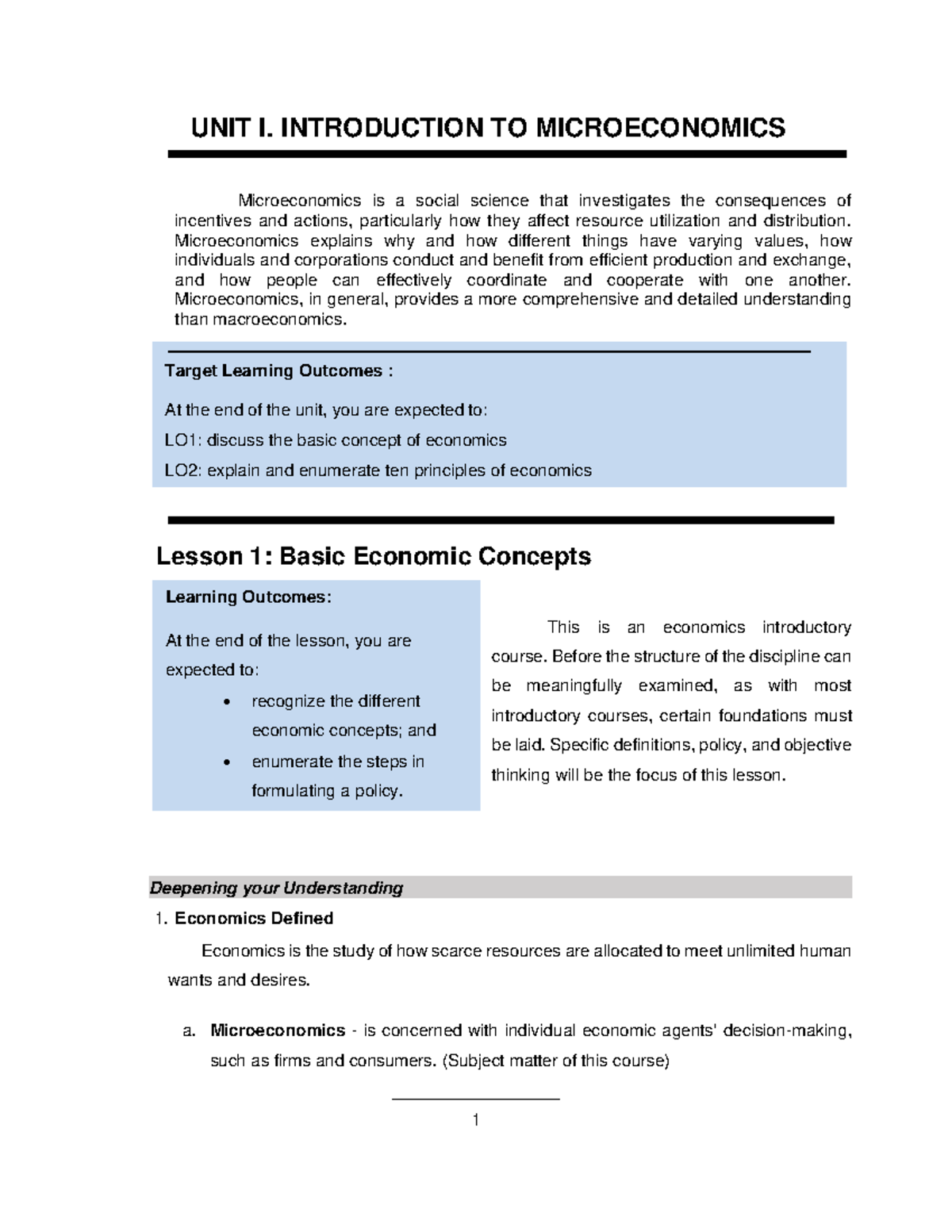 ENT 112 Microeconomics: Unit I - Introduction to Economic Principles ...