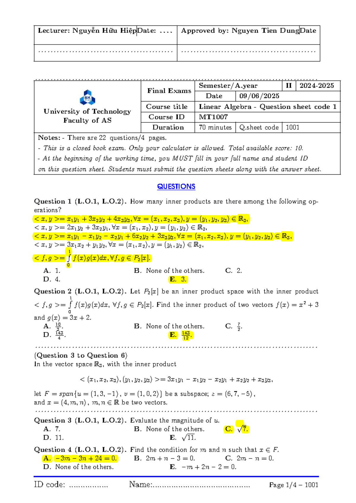 Final Exam MT1007: Linear Algebra Question Sheet 1 - Studocu