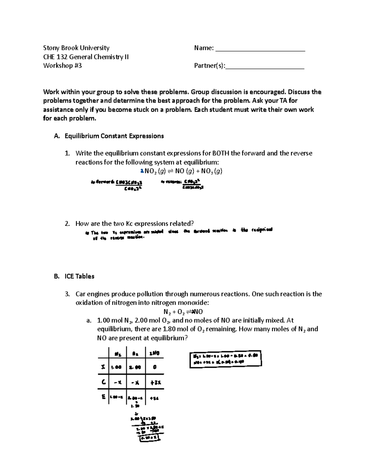 CHE 132 Workshop 3: Equilibrium Constant Expressions & K Calculations ...