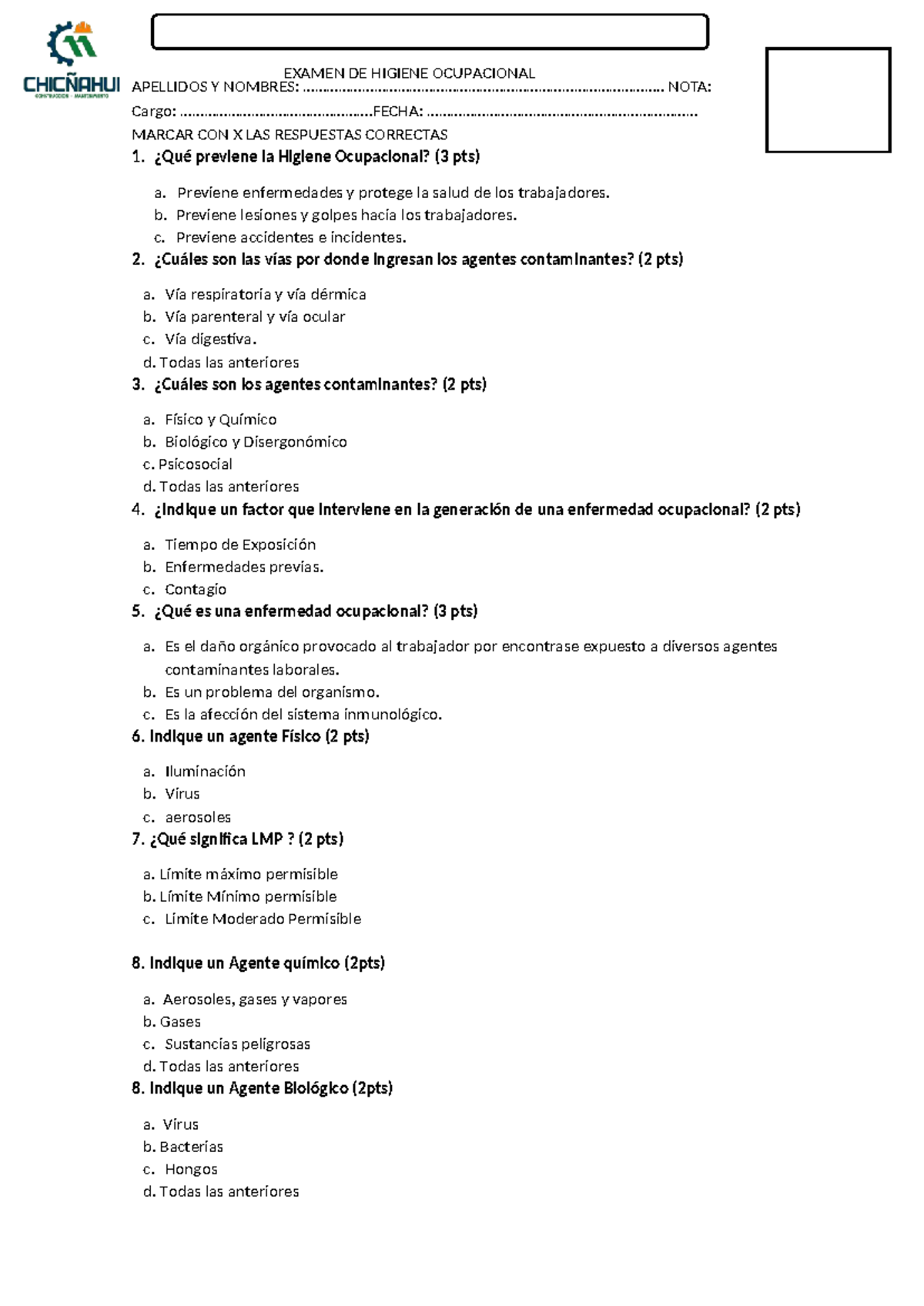 Examen de higiene ocupacional: preguntas y respuestas correctas - Studocu