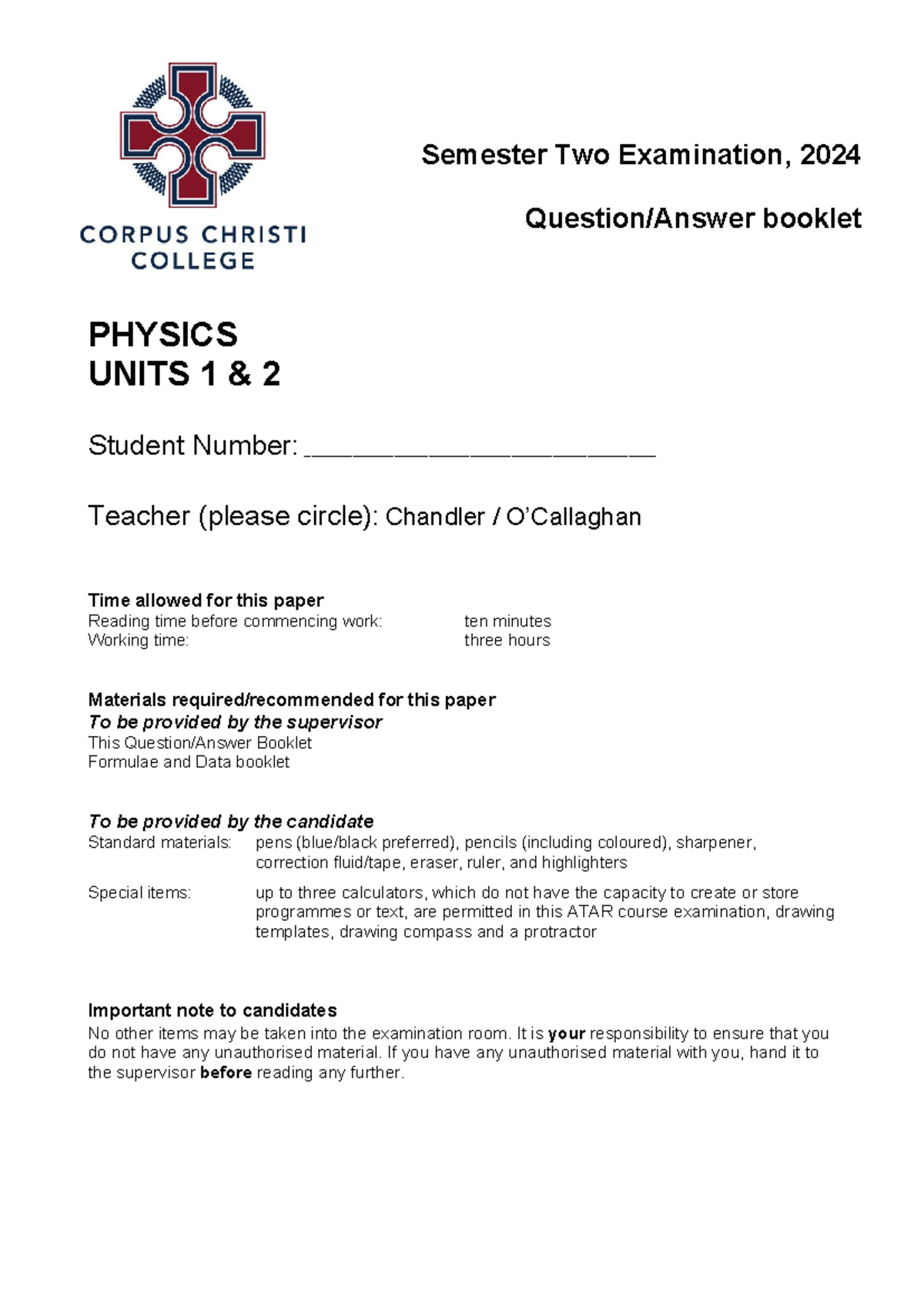 2024 Yr 11 Physics Units 1 & 2 Semester 2 Exam Paper - Studocu