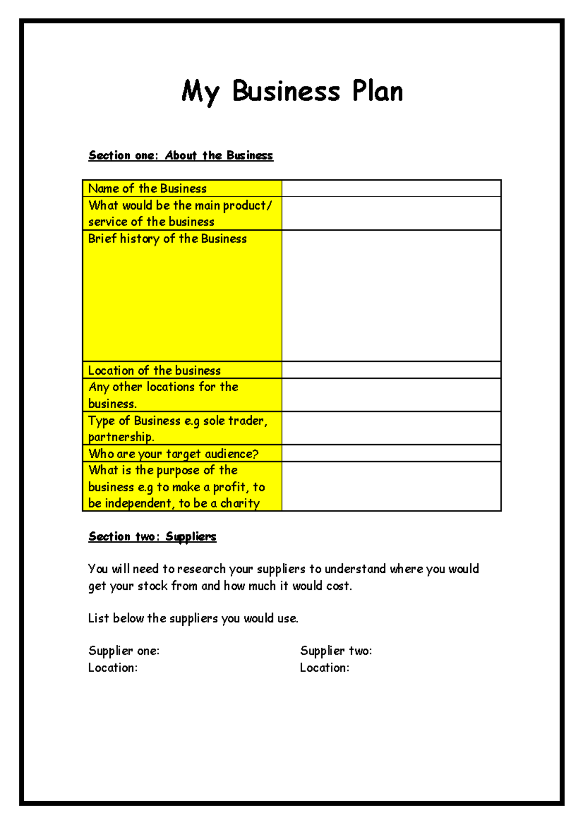 Business Plan template - My Business Plan Section one: About the ...
