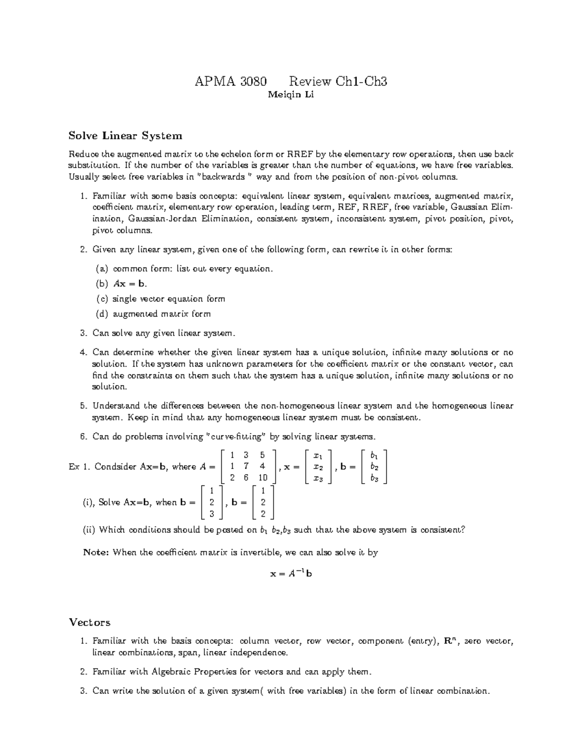 APMA 3080 Review: Linear Systems, Vectors, and Transformations Concepts - Studocu