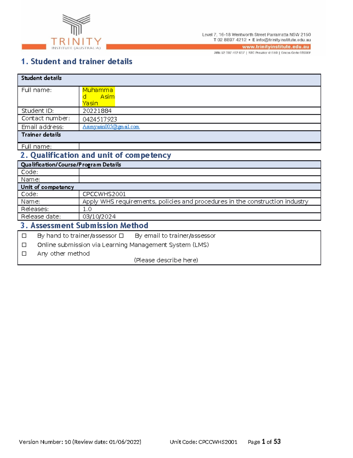CPCCWHS2001 Skills Test: Job Safety Analysis Assessment Guide - Studocu