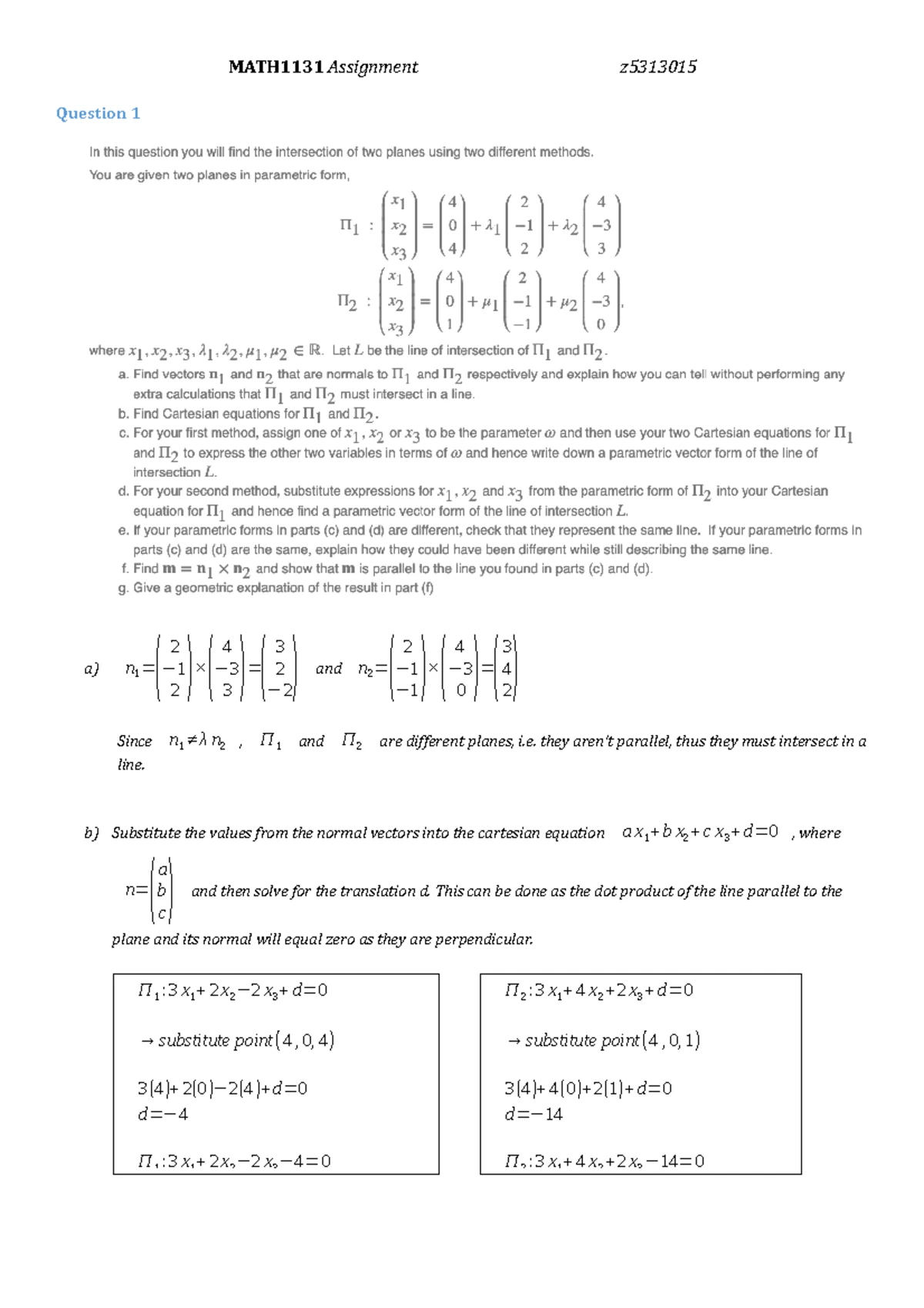 MATH1131 ASSIGNMENT 2025 T1: Solutions to Plane Intersections and IVT ...