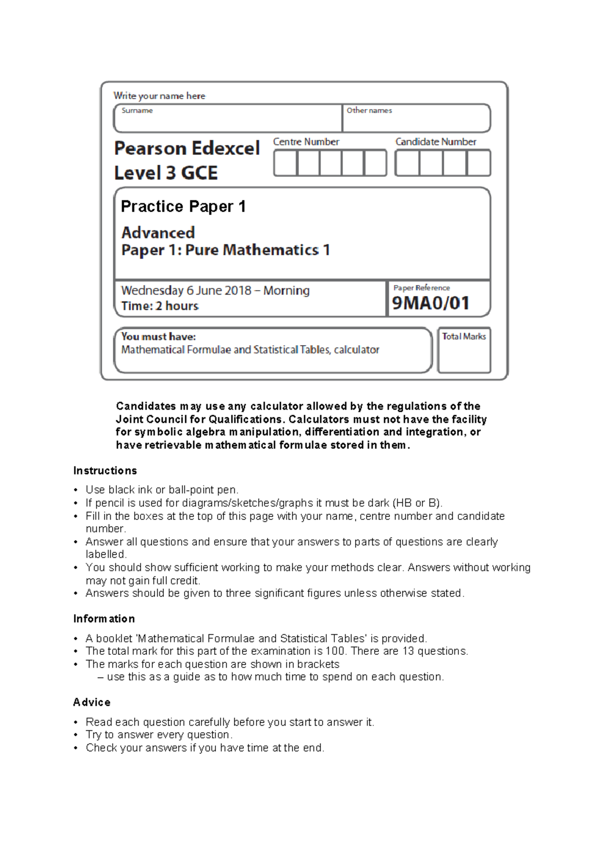 Pure Mathematics 1 Practice Paper 1 - Calculator Regulations - Studocu