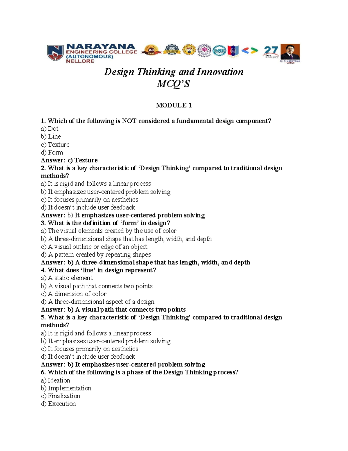 MCQ DTI - Design Thinking and Innovation Study Guide - Studocu
