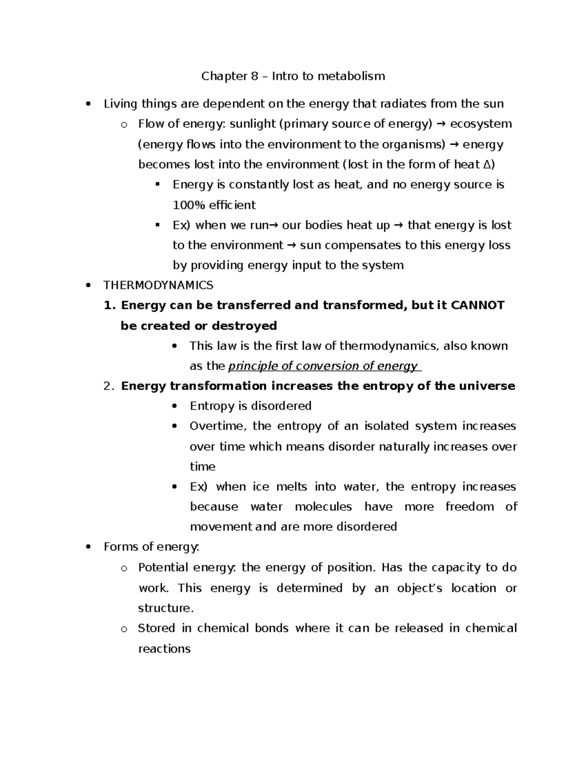Chapter 8 Lecture Notes: Intro to Metabolism and Energy Flow - Studocu