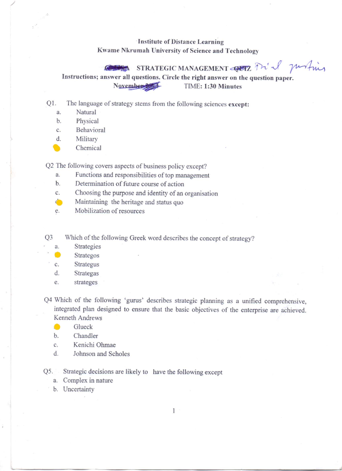 KNUST STRATEGIC MANAGEMENT QUIZ - November 2023 - Studocu