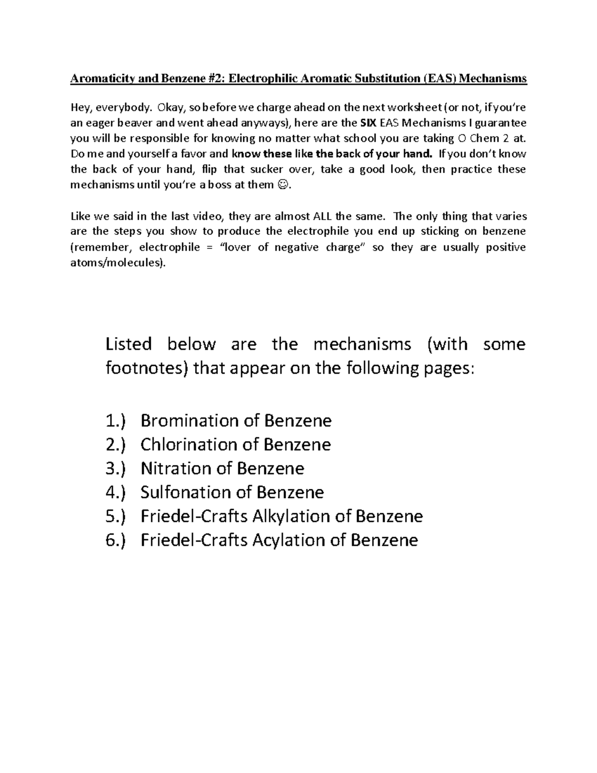 O Chem 2: Benzene Aromaticity & EAS Mechanisms Study Guide - Studocu