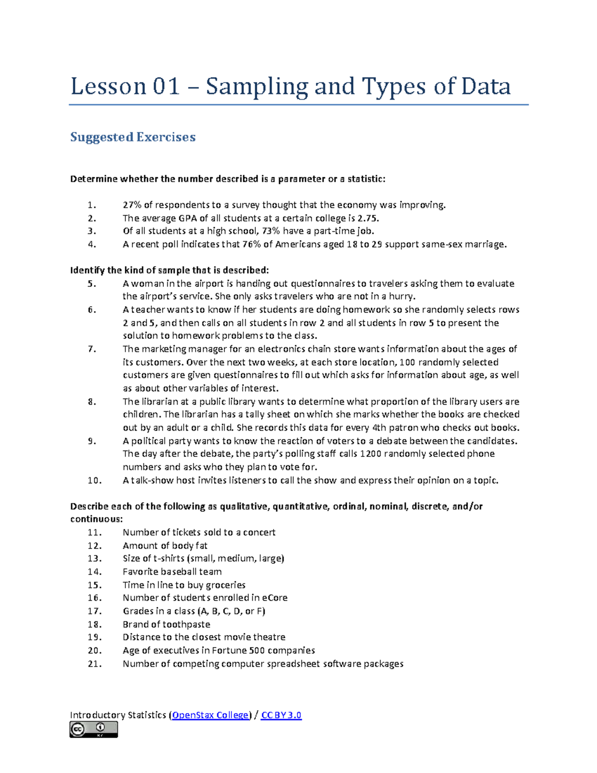 Introductory Statistics (OpenStax) - Lesson 01: Sampling & Data Types Exercises - Studocu