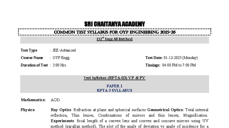 Test Syllabus for OYP Engg (RPTA03) - VP & PV Common Test - Studocu