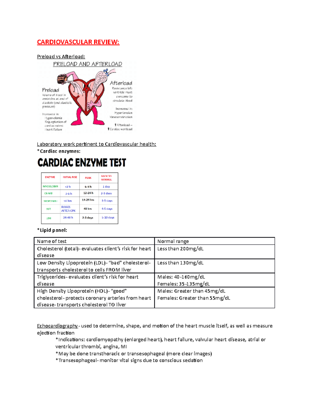 Cardiovascular Review Sheet - CARDIOVASCULAR REVIEW: Preload vs ...