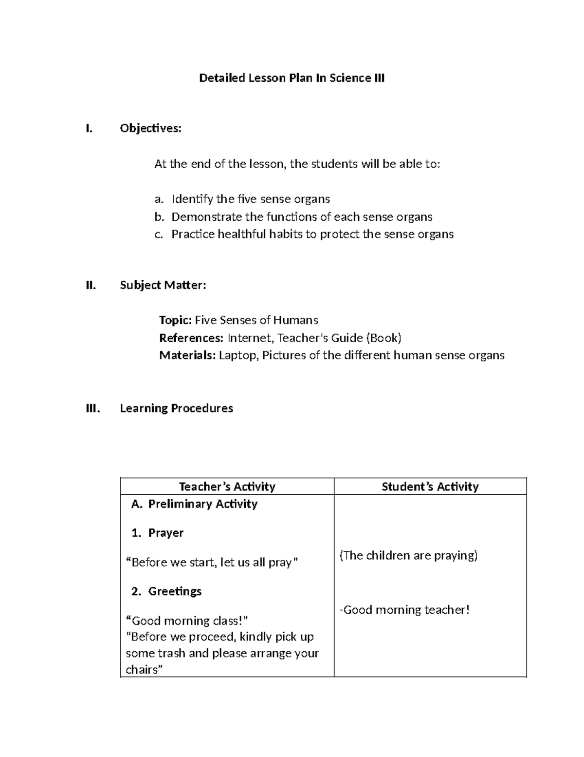 Science III Lesson Plan: Exploring the Five Human Senses - Studocu