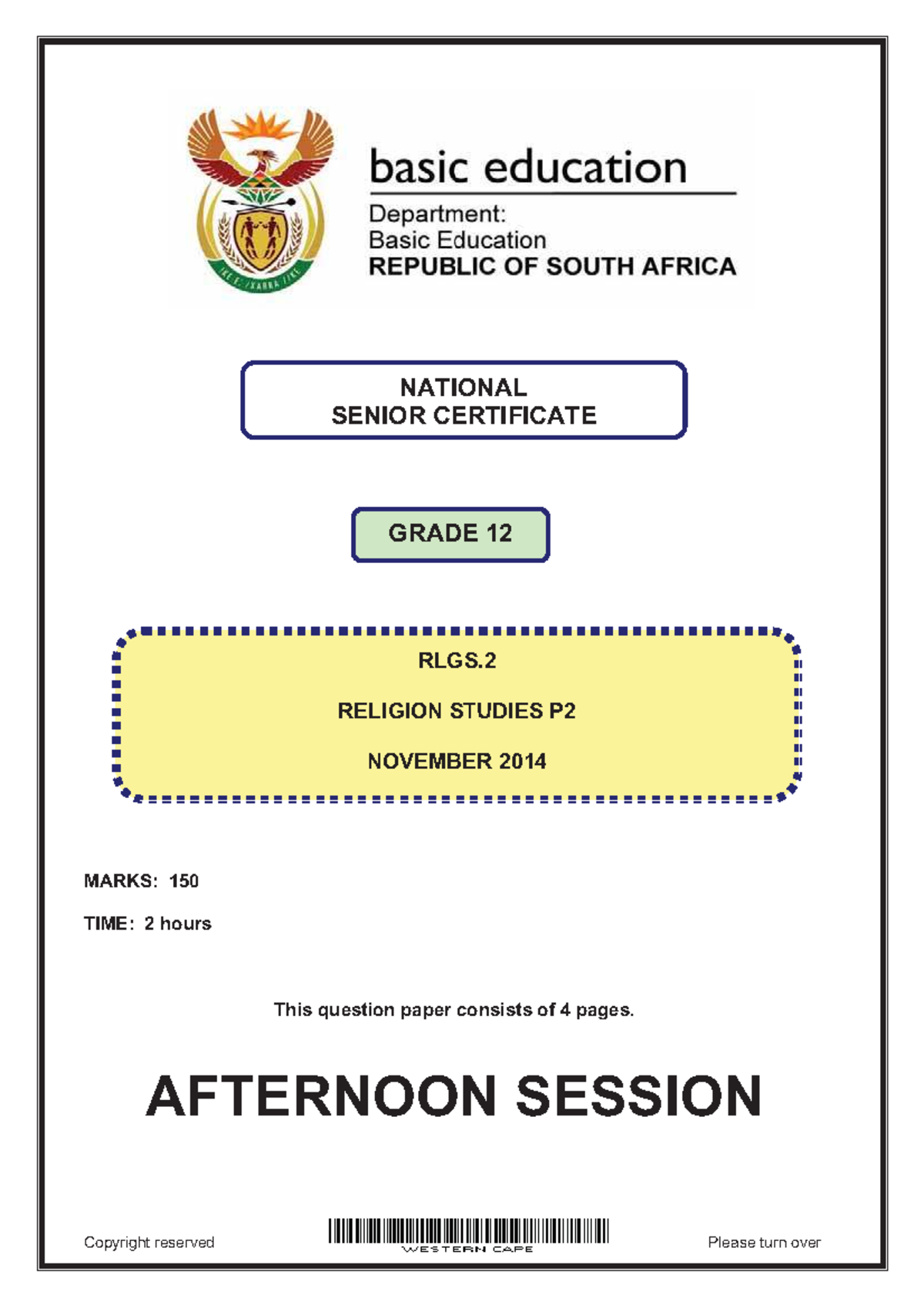 GRAAD 12 RLGS.2 RELIGION STUDIES P2 NOV 2014 EXAM PAPER - Studocu
