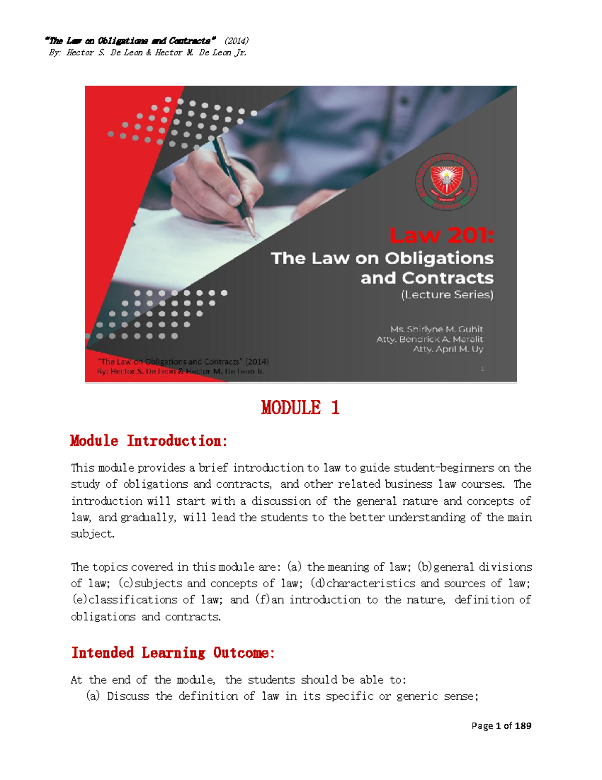 LAW 201-Introduction to Obligations & Contracts: Modules Overview - Studocu