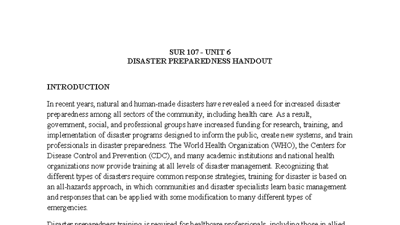 SUR 107 - Disaster Preparedness and Response Strategies Overview - SUR 107 - UNIT 6 DISASTER ...