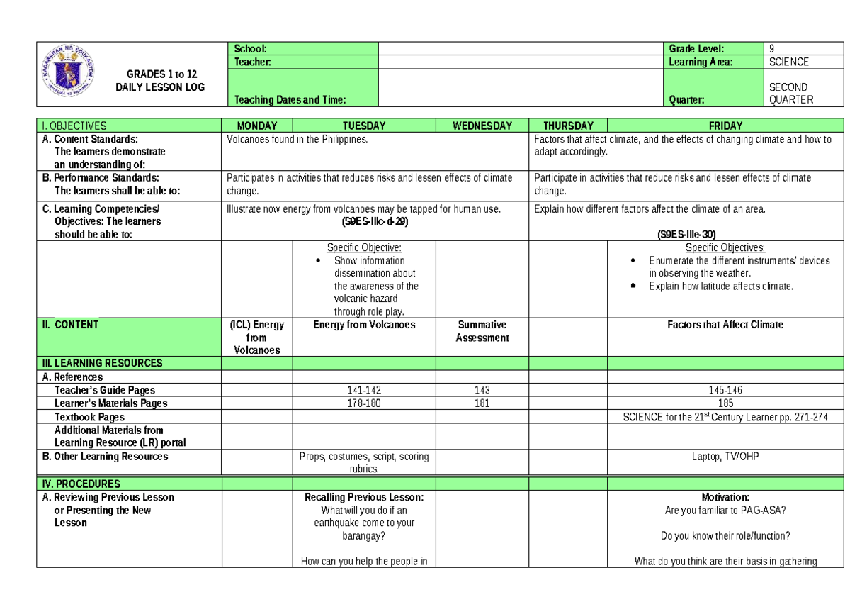 9 SCIENCE Daily Lesson Log: 3rd Week, 2nd Quarter - Studocu
