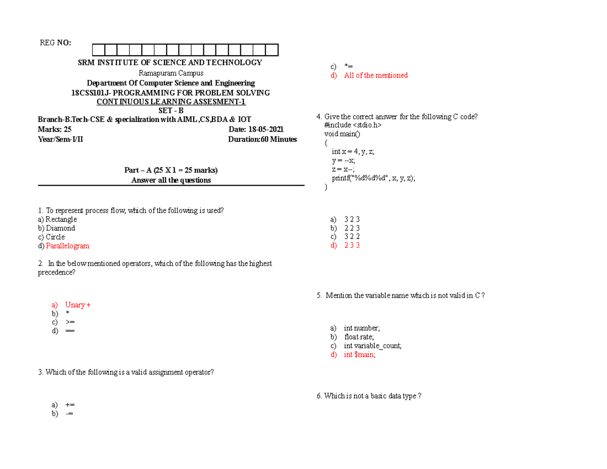 18CSS101J-PPS CT1 Questions - REG NO: SRM INSTITUTE OF SCIENCE AND ...