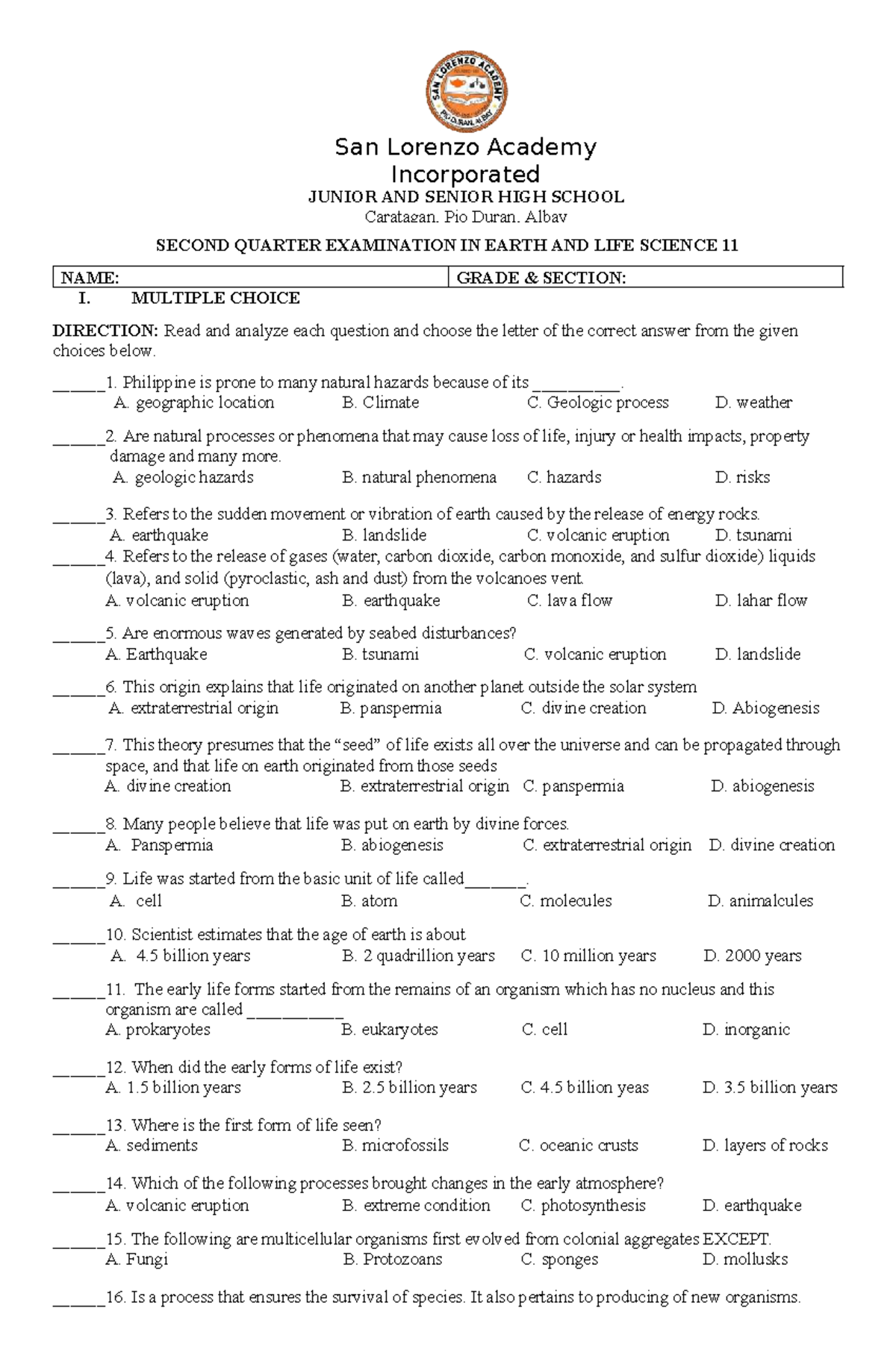 Earth and Life Science 11 - 2nd Quarter Exam Assessment - Studocu