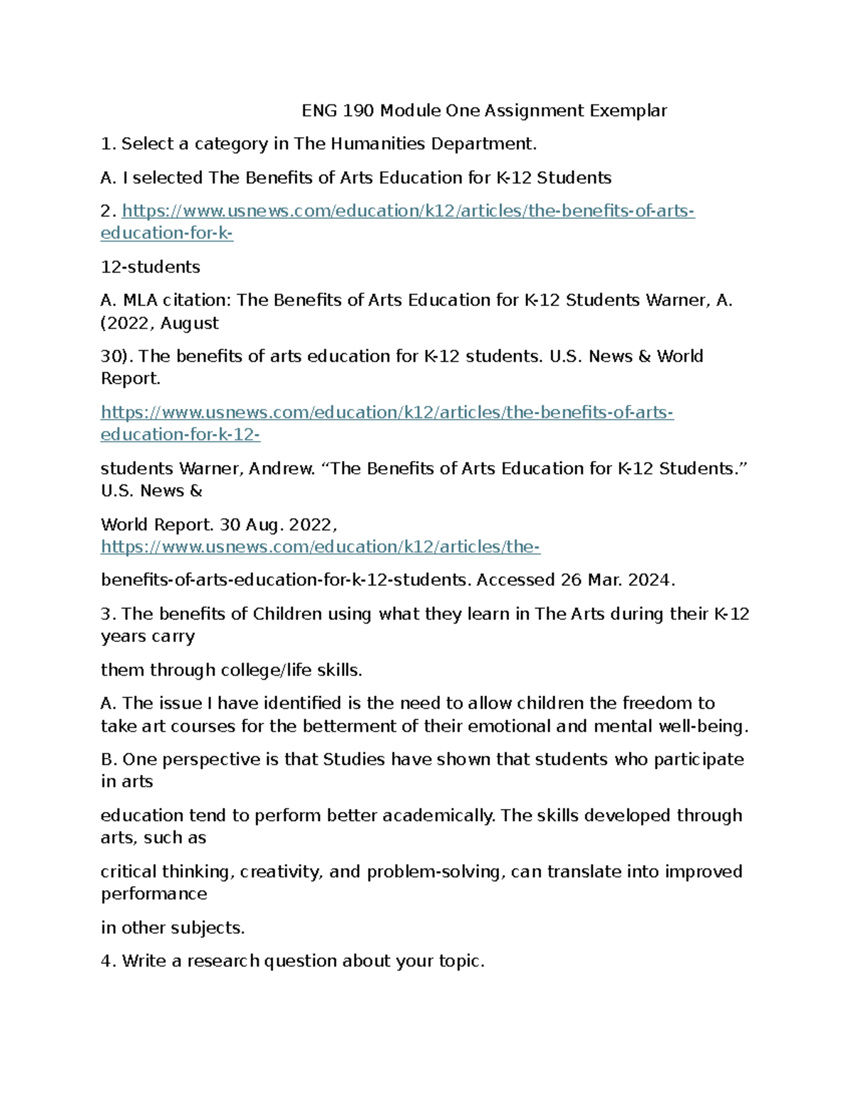 ENG 190 Module One Assignment: Benefits of Arts Education Essay - Studocu