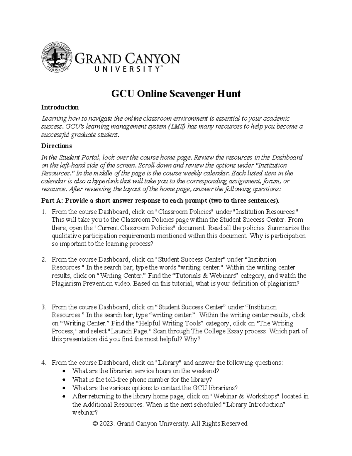 UNV 501 RS T1 Online Scavenger Hunt: Navigating GCU's LMS Resources ...