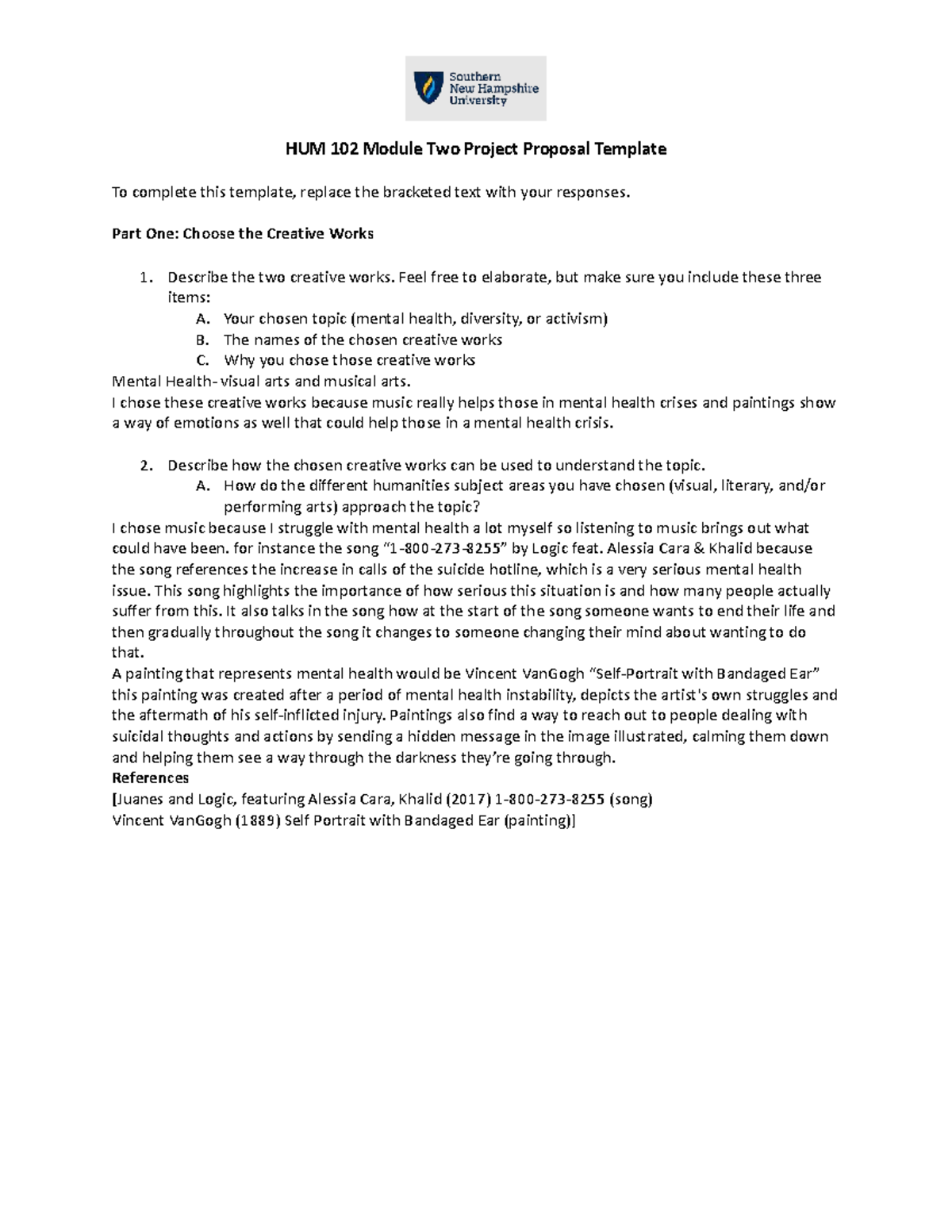 HUM 102 Module Two Project Proposal: Mental Health and Creative Works ...