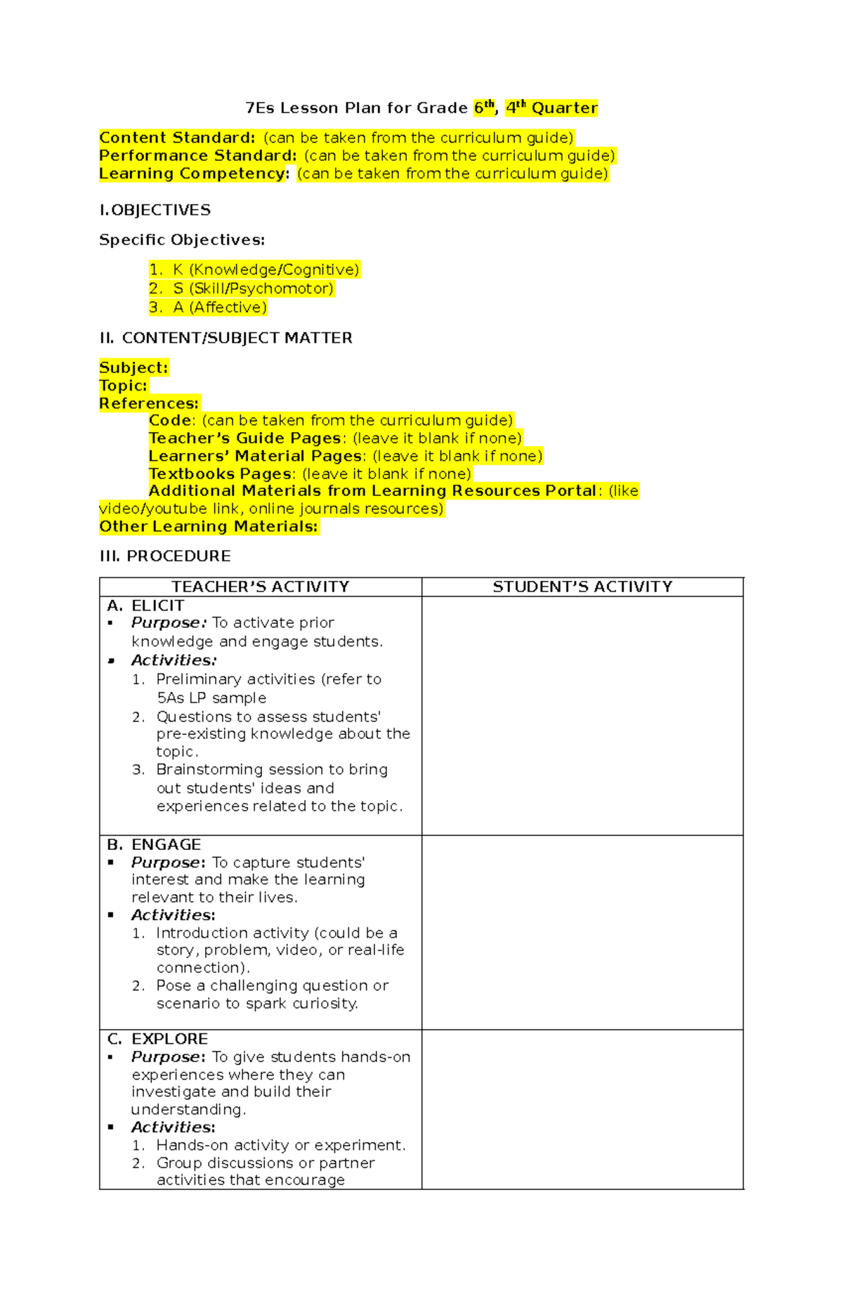 7Es Lesson Plan Template for 6th Grade - 4th Quarter - Studocu