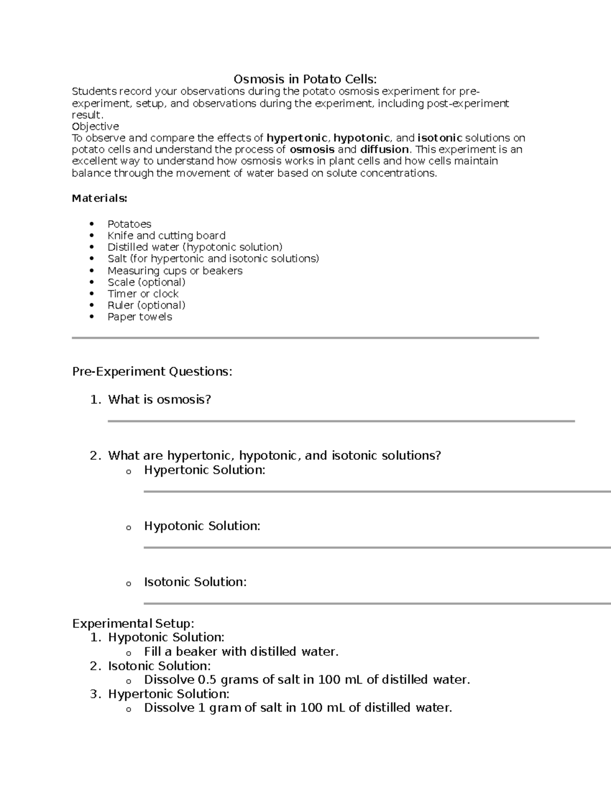 Osmosis Diffusion - Osmosis in Potato Cells: Students record your ...