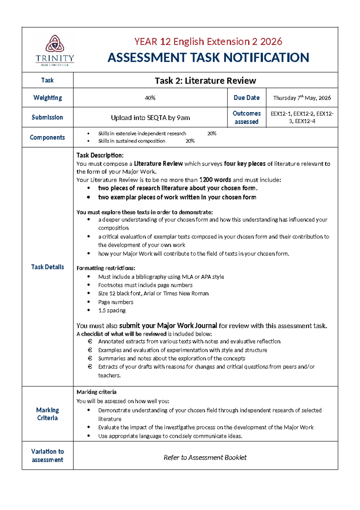 2026 - Year 12 English Ext 2 - Assessment 2: Lit Review Guide - Studocu