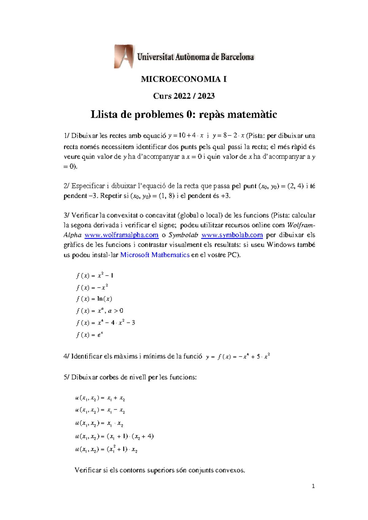 MICROECONOMIA I 2022-2023: Problemes de Repàs Matemàtic - Studocu