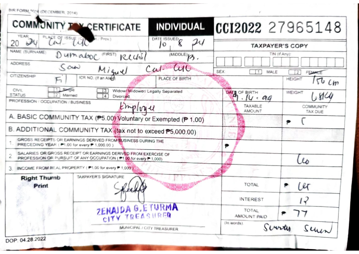 Cedula - Letter - BIR FORM 2016 (DECEMBER 2014) COMMUNITY CERTIFICATE ...