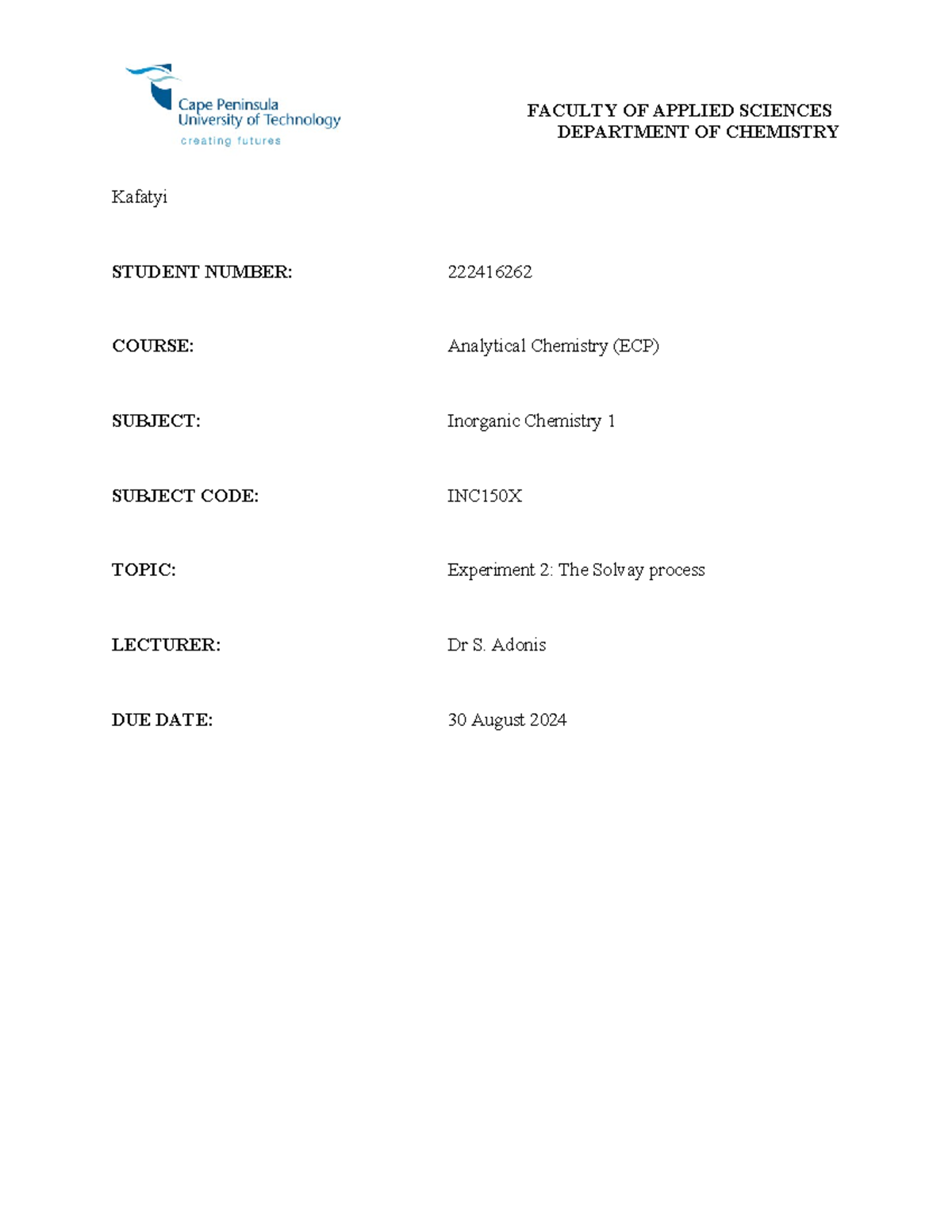 ECP INC150X Inorganic Chemistry 1 Experiment 2: The Solvay Process ...