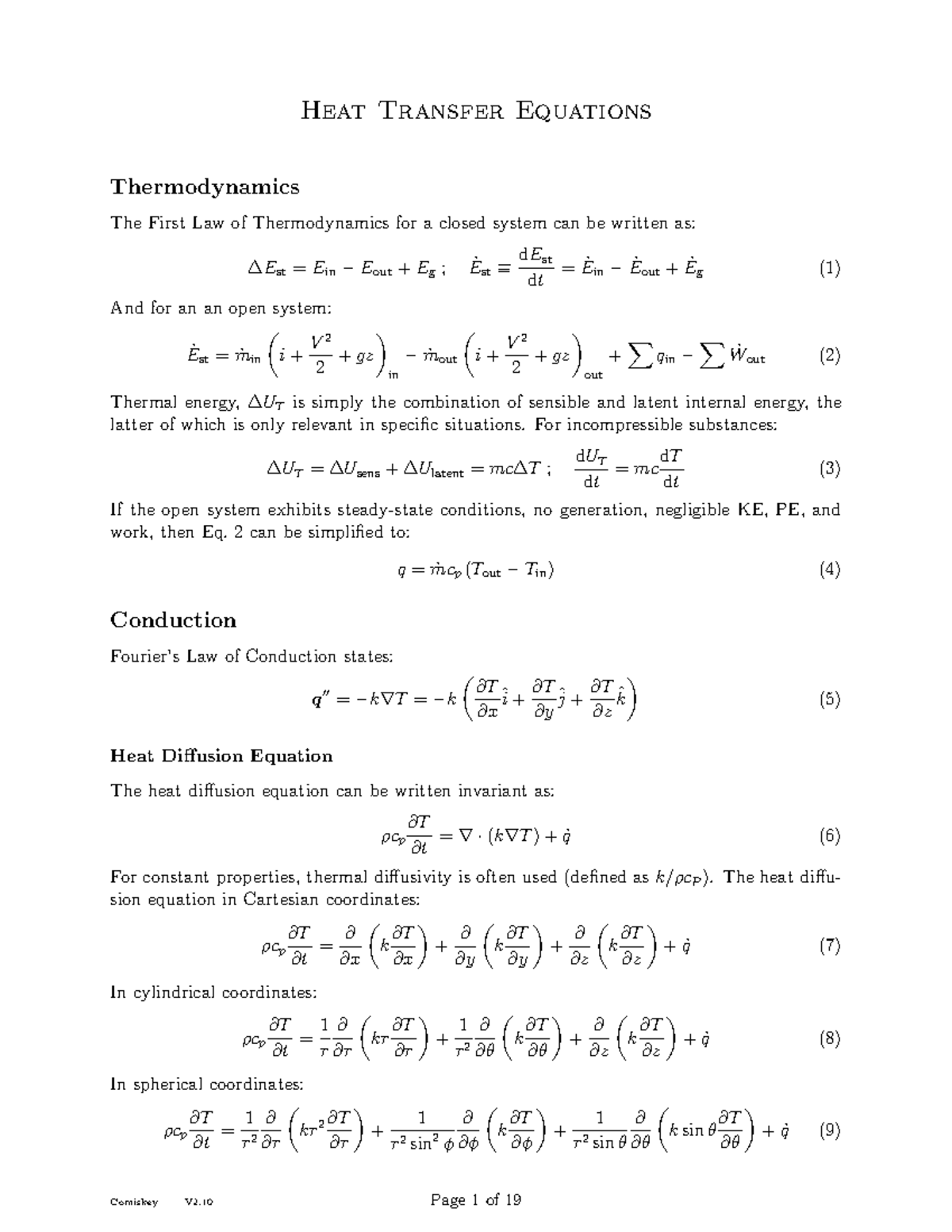MEC 3130 Heat Transfer Equation Handout: Key Concepts and Formulas ...