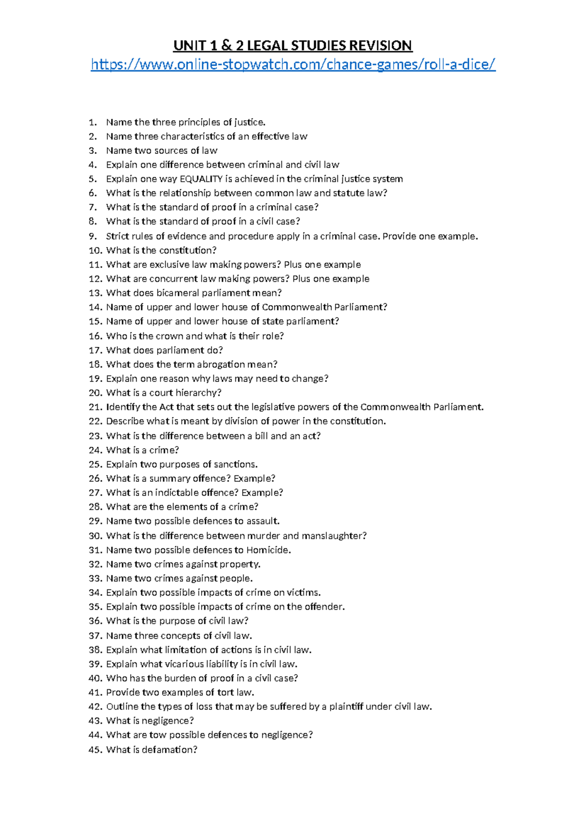 Legal Studies Revision Questions (Units 1 & 2) - Important Topics - Studocu