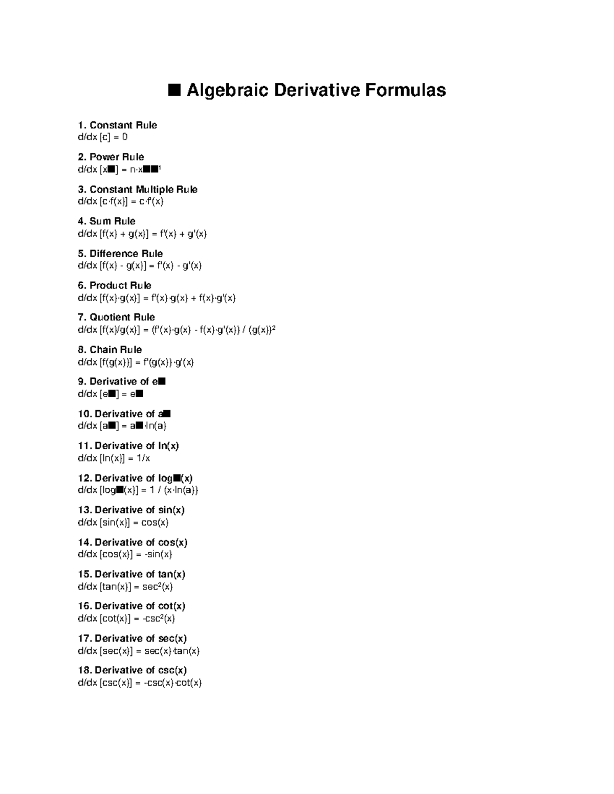 Algebraic Derivative Formulas - n Algebraic Derivative Formulas ...