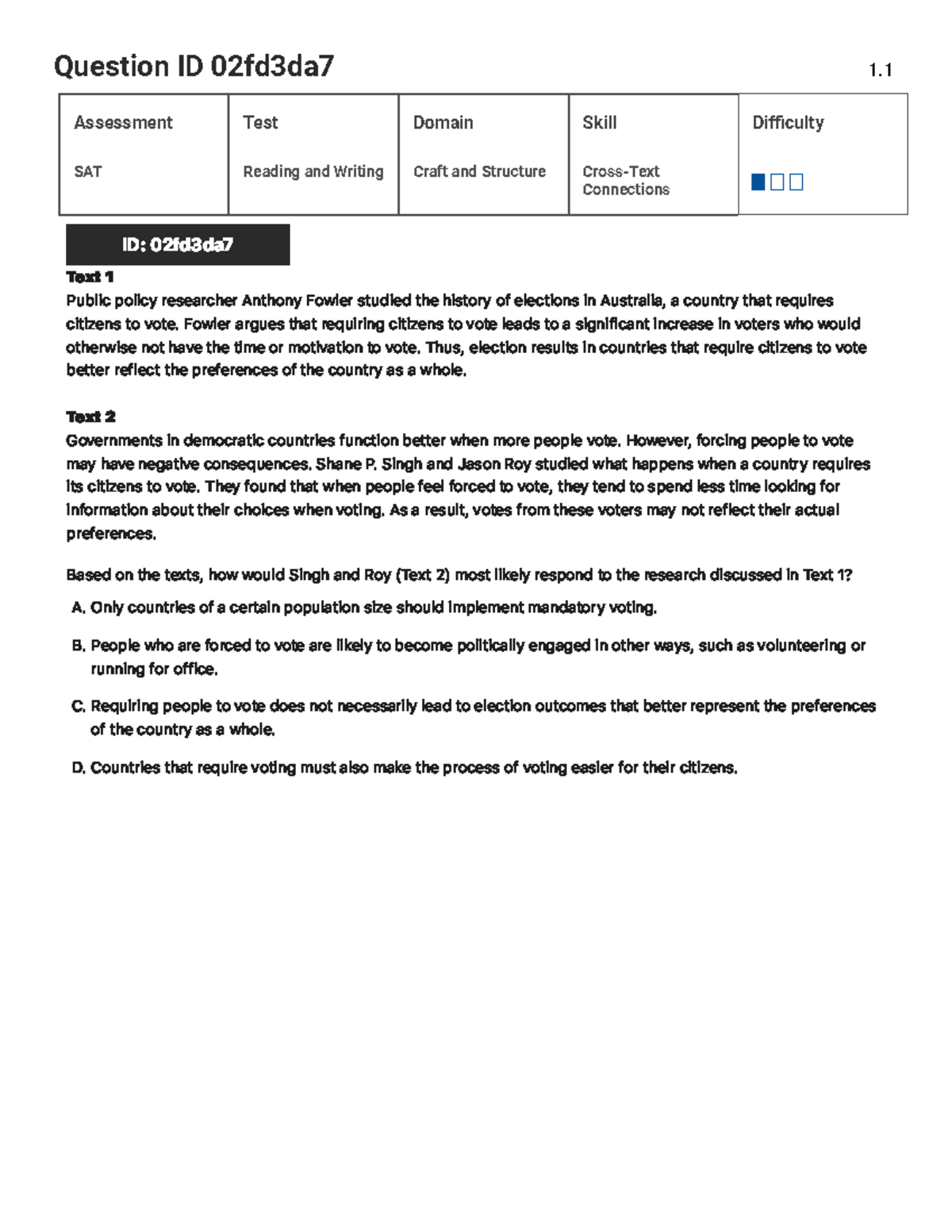 Cross-Text Connections (Level 1) Assessment Test - SAT Reading ...