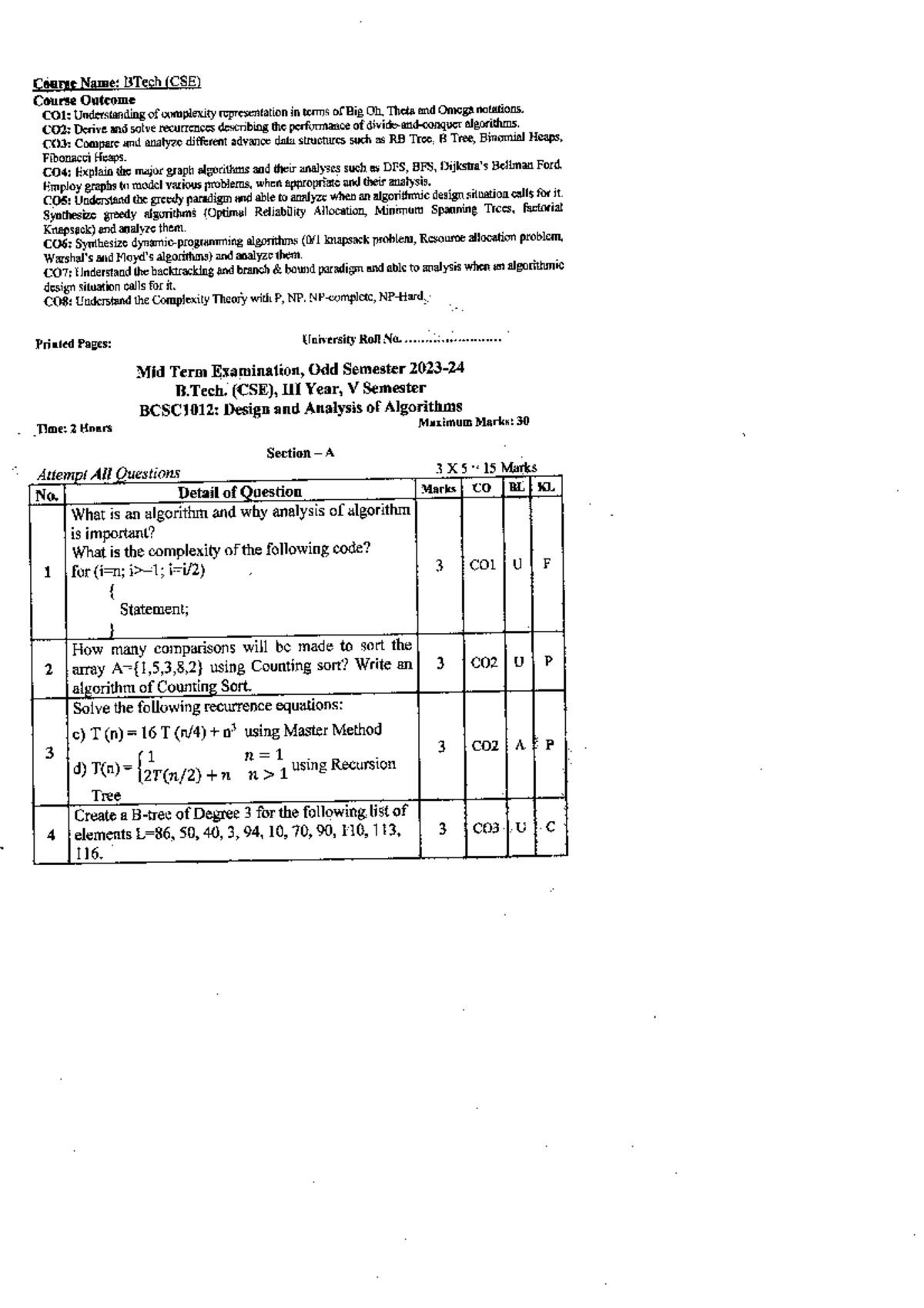 BTech (CSE) Midterm Exam PYQ: Design & Analysis of Algorithms (BCSC1012 ...