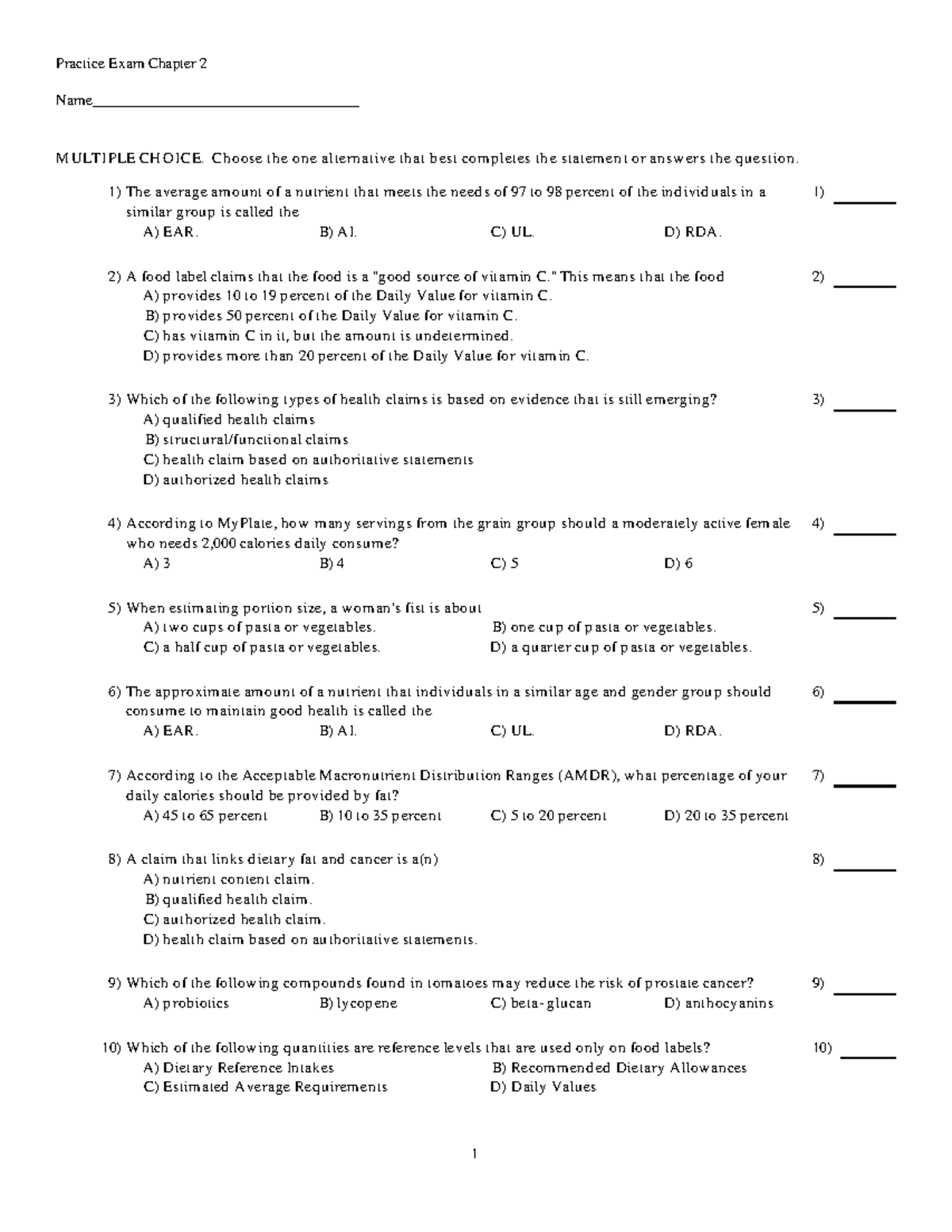 Nutritional Guidelines Practice Exam CH 2: Multiple Choice Questions ...