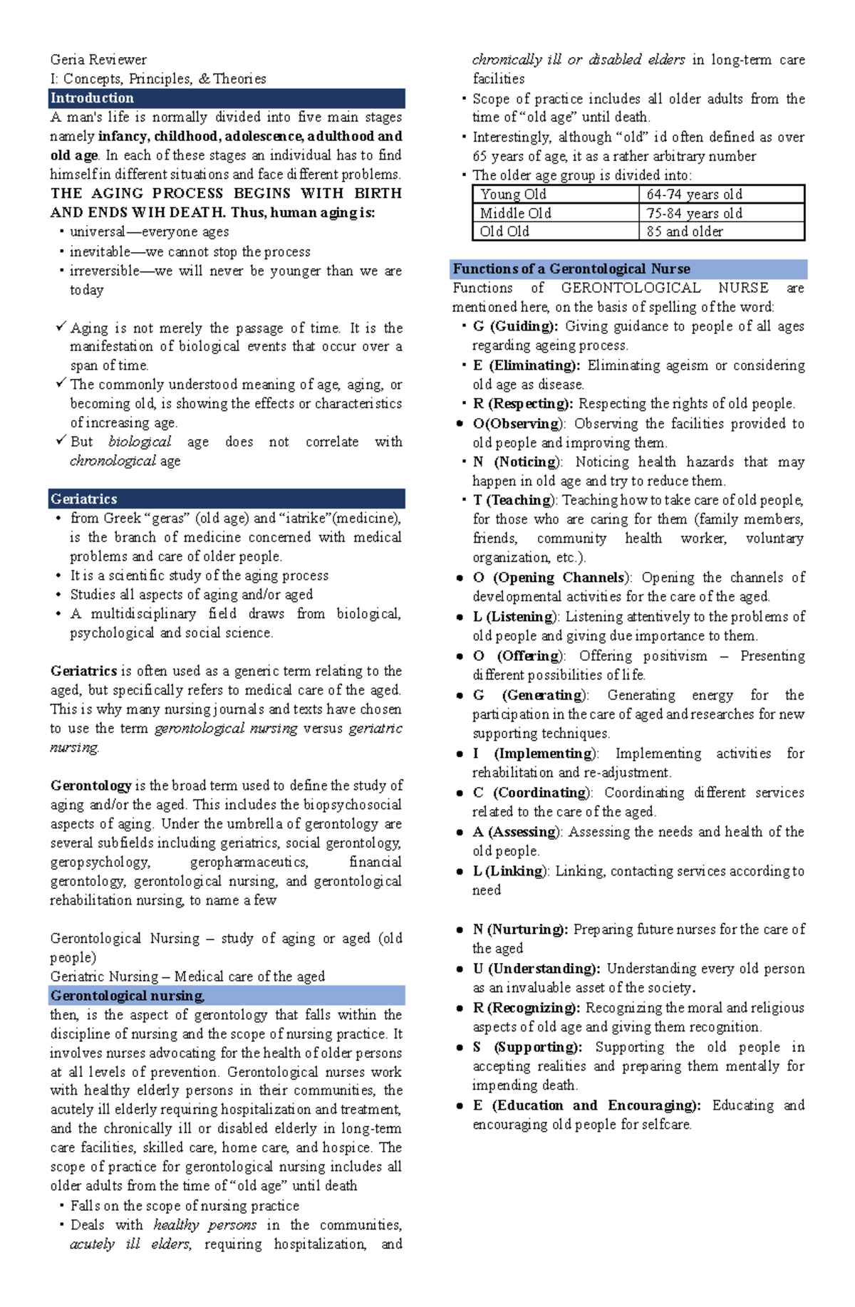 Geria Reviewer I: Concepts and Theories of Aging Process - Studocu