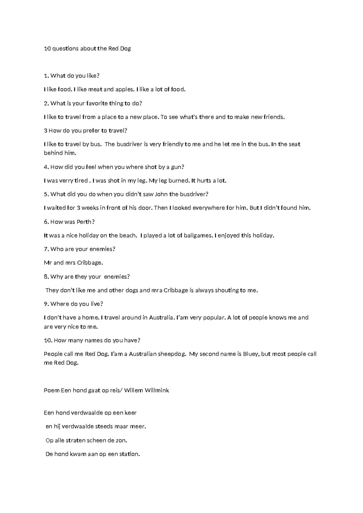 Engels Reading File 1: Questions About Red Dog - Studeersnel