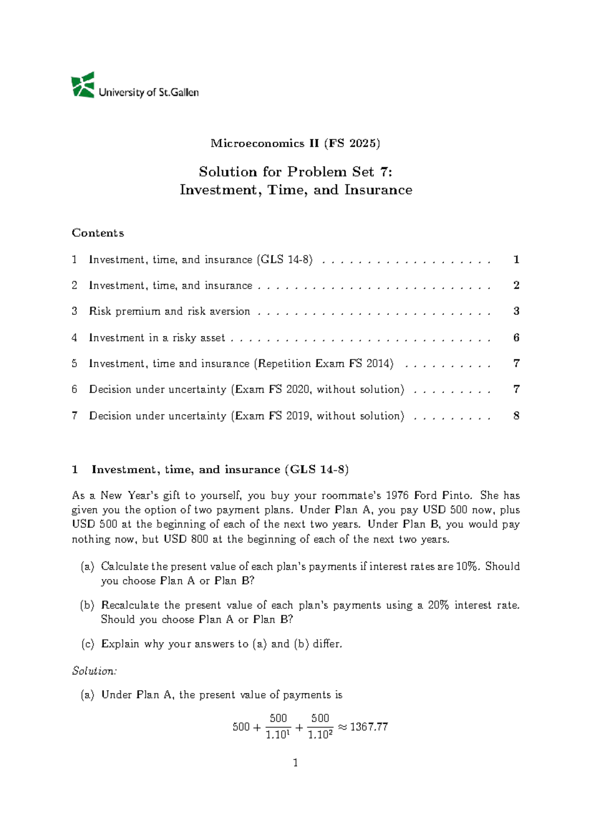 Microeconomics II (FS 2025) Problem Set 7 Solutions: Investment ...