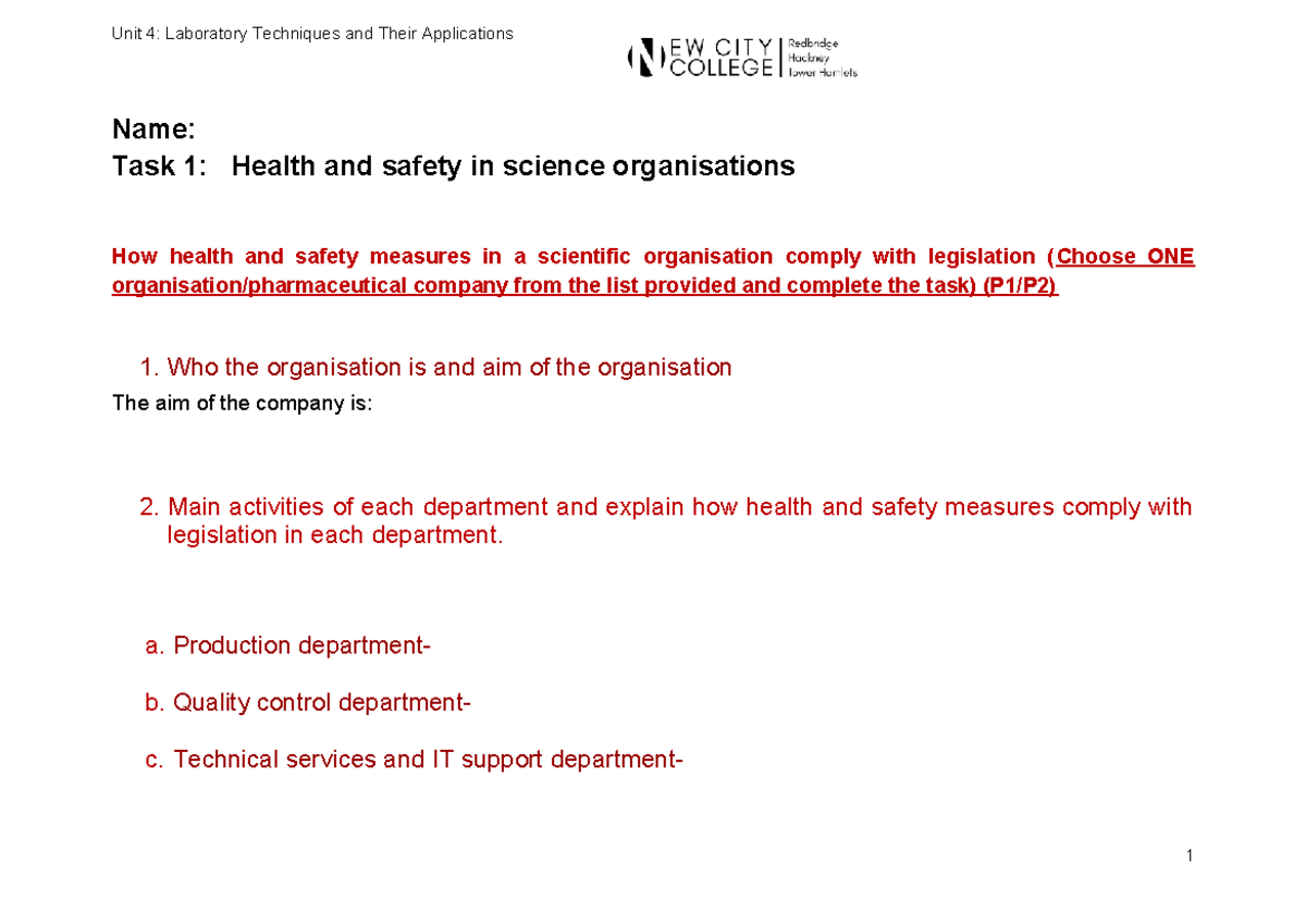 LA A; Write up; Health safety in an organisation 2025 - Name: Task 1 ...