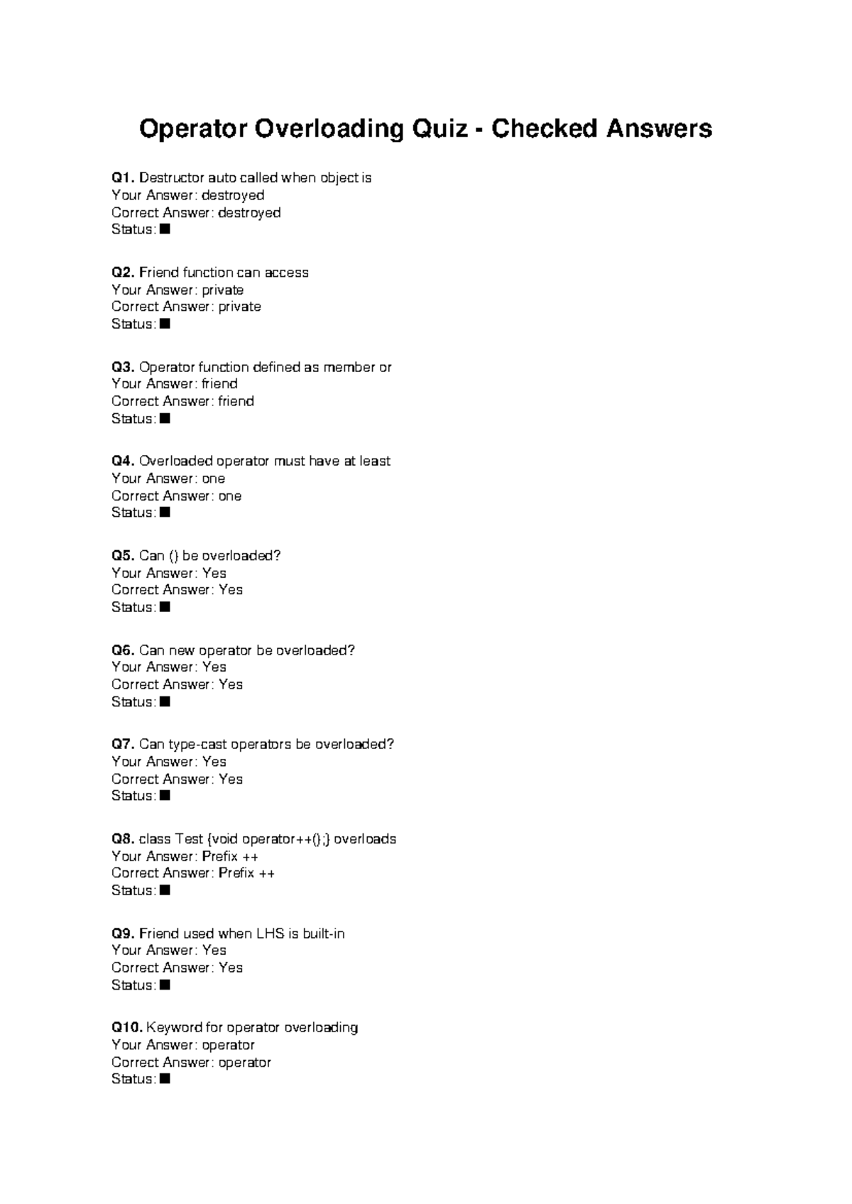 Operator Overloading Quiz Checked Answers - CS101 - Studocu