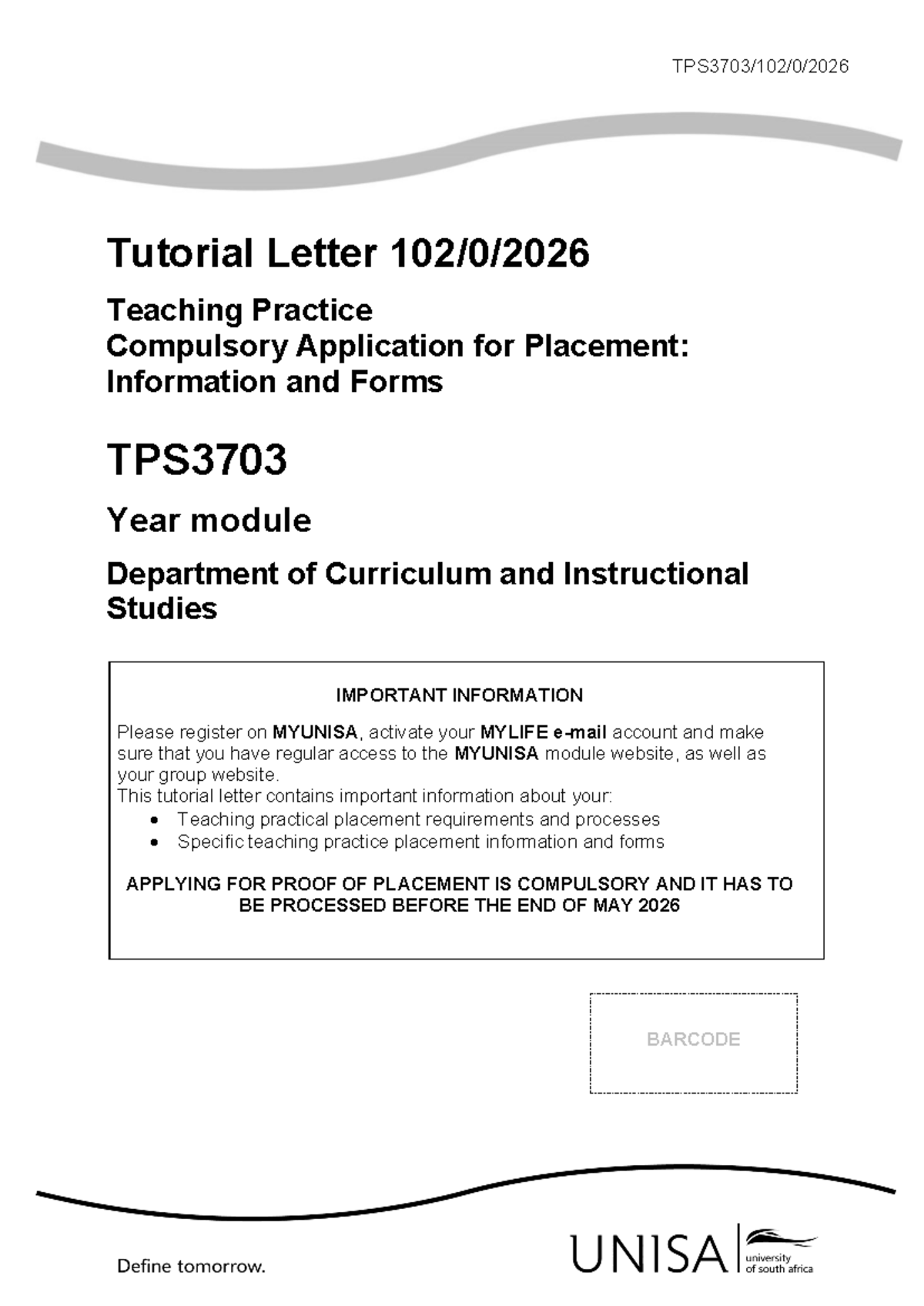 TPS3703 Teaching Practice Placement: Essential Info & Guidelines - Studocu