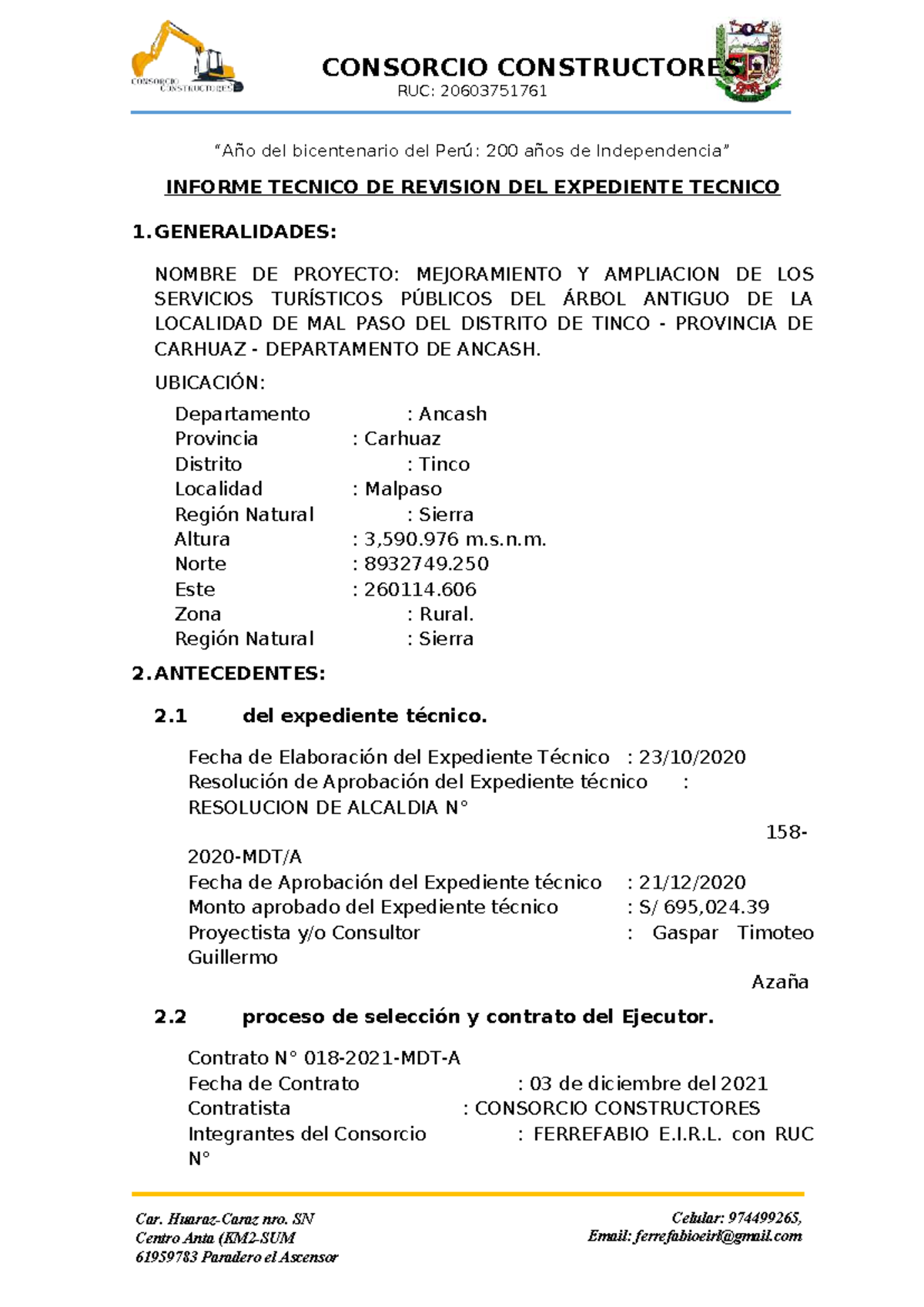 Informe Técnico de Revisión del Expediente 558701199 del Proyecto de - Studocu