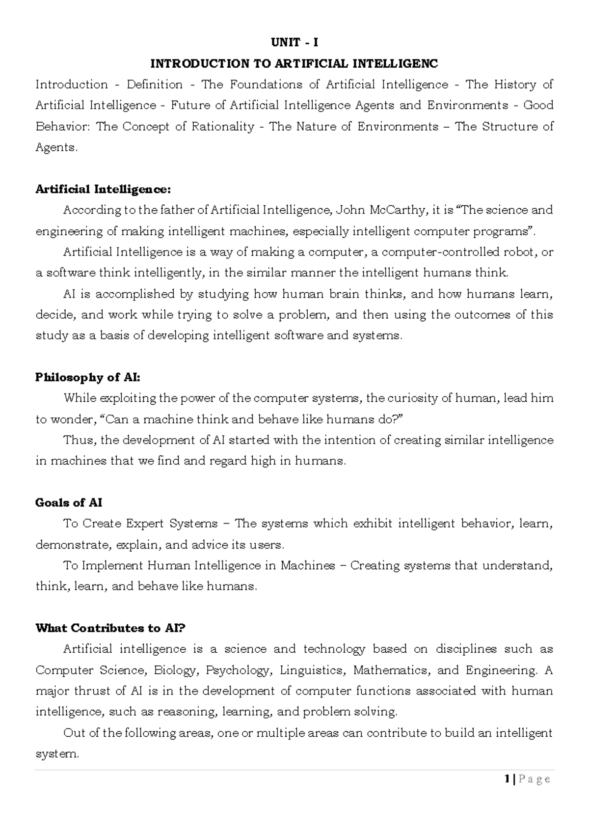 UNIT I: INTRODUCTION TO ARTIFICIAL INTELLIGENCE - Key Concepts and History - Studocu