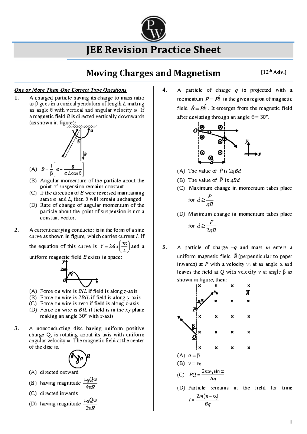 Moving Charges and Magnetism Practice Sheet (JEE Adv) - Studocu