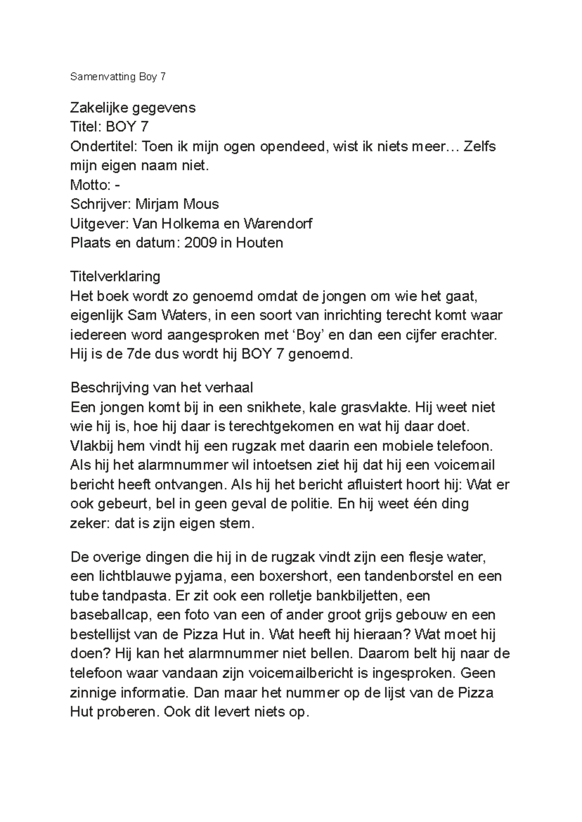 Samenvatting van BOY 7 door Mirjam Mous: Verhaal en Thema's - Studeersnel